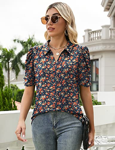 LOMON Womens Collared Shirts Puff Sleeve Polo Shirts Short Sleeve Summer Work Tops Navy Blue Floral XL