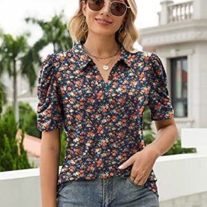 LOMON Womens Collared Shirts Puff Sleeve Polo Shirts Short Sleeve Summer Work Tops Navy Blue Floral XL