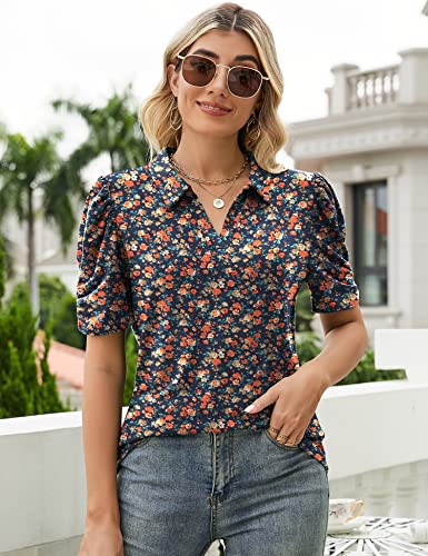 LOMON Womens Collared Shirts Puff Sleeve Polo Shirts Short Sleeve Summer Work Tops Navy Blue Floral XL