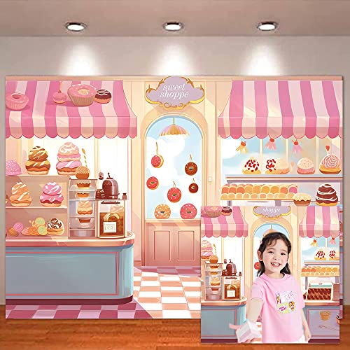 MAQTT Sweet Shoppe Backdrop for Girls Birthday Party Decoration Pink Sweet Shoppe Photography Background for Baby Shower Cute Cream Cake Photo Booth Studio Cake Table Decor 7X5ft