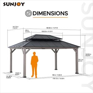 Sunjoy 12 x 16 ft. Wood Gazebo, Outdoor Patio Steel Hardtop Gazebo, Cedar Framed Wooden Gazebo with 2-Tier Metal Roof, Suitable for Patios, Lawn and Backyard, Matte Black Roof + Gray Wood Frame