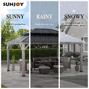 Sunjoy 12 x 16 ft. Wood Gazebo, Outdoor Patio Steel Hardtop Gazebo, Cedar Framed Wooden Gazebo with 2-Tier Metal Roof, Suitable for Patios, Lawn and Backyard, Matte Black Roof + Gray Wood Frame