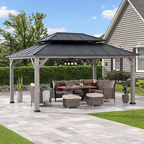 Sunjoy 12 x 16 ft. Wood Gazebo, Outdoor Patio Steel Hardtop Gazebo, Cedar Framed Wooden Gazebo with 2-Tier Metal Roof, Suitable for Patios, Lawn and Backyard, Matte Black Roof + Gray Wood Frame