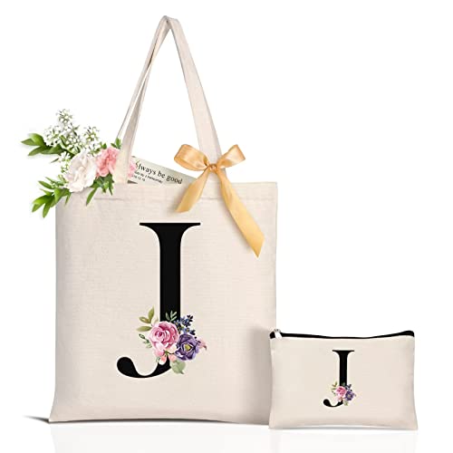 AUNOOL Monogram Tote Bag for Bridesmaid Wedding Day, Initial Canvas Makeup Bag with Zipper, Personalized Birthday Gifts for Women Mom Grandma Sister Friends, Reusable Grocery Bag for Shopping Letter J