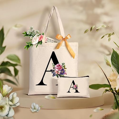 AUNOOL Monogram Tote Bag for Bridesmaid Wedding Day, Initial Canvas Makeup Bag with Zipper, Personalized Birthday Gifts for Women Mom Grandma Sister Friends, Reusable Grocery Bag for Shopping Letter J