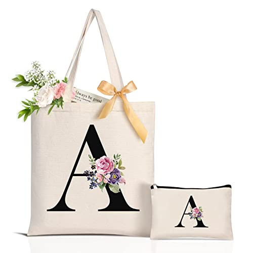 AUNOOL Personalized Tote Bags for Women Makeup Bag with Zipper, Monogram Tote Bag for Bridesmaid Wedding Day Bachelorette Shower Party, Suitable for Travel Holiday Shopping Picnic Letter A