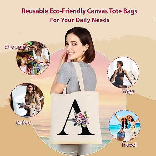 AUNOOL Personalized Tote Bags for Women Makeup Bag with Zipper, Monogram Tote Bag for Bridesmaid Wedding Day Bachelorette Shower Party, Suitable for Travel Holiday Shopping Picnic Letter A