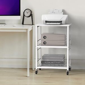 White Side Table Living Room End Table Bedroom Small Nightstand Modern Bedside Table with Storage Shelf, Kitchen Rolling Cart 3 Tier Mobile Side Table with Storage Printer Stand Rack for Home Office