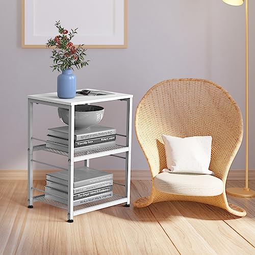 White Side Table Living Room End Table Bedroom Small Nightstand Modern Bedside Table with Storage Shelf, Kitchen Rolling Cart 3 Tier Mobile Side Table with Storage Printer Stand Rack for Home Office