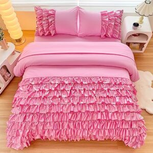 Tasselily Princess Ruffle Comforter Set Queen Szie, 5 Pcs Bed in a Bag Bling Shiny Sequin Ruffle Pink Bedding Set with Sheets for Girls/Woman