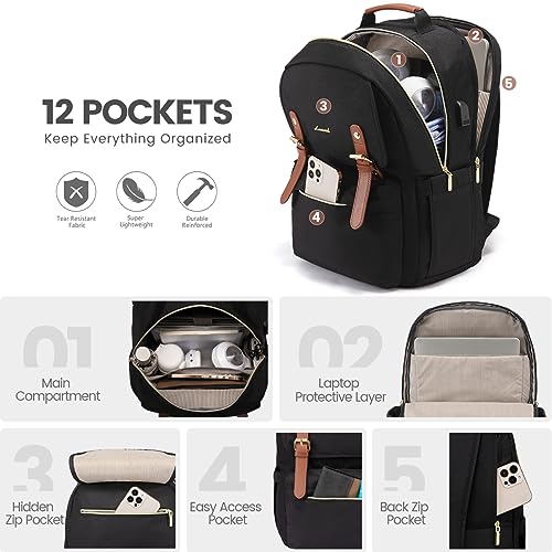 LOVEVOOK Laptop Backpack for Women College Casual Daypacks Stylish Travel Backpack Teacher Nurse Shoulder Purse Bag Fits up to 15.6Inch Laptop (Black-Brown)