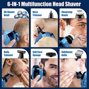 2023 Head Shavers for Men, New Upgrade 6-in-1 Bald Head Shaver, LED Electric Razor Waterproof Rechargeable, Wet &Dry Rotary Cordless Shaver Grooming Kit with Beard Clippers Nose Trimmer Mens Gift