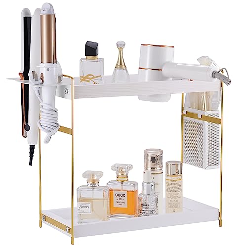 Bathroom Countertop Organizer with Hair Tool Storage Organizer, 2 Tier Bathroom Organizer Countertop with Hair Blow Dryer Holder, White Bathroom Counter Organizer with Basket for Vanity Counter