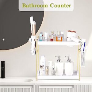 Bathroom Countertop Organizer with Hair Tool Storage Organizer, 2 Tier Bathroom Organizer Countertop with Hair Blow Dryer Holder, White Bathroom Counter Organizer with Basket for Vanity Counter