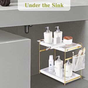 Bathroom Countertop Organizer with Hair Tool Storage Organizer, 2 Tier Bathroom Organizer Countertop with Hair Blow Dryer Holder, White Bathroom Counter Organizer with Basket for Vanity Counter