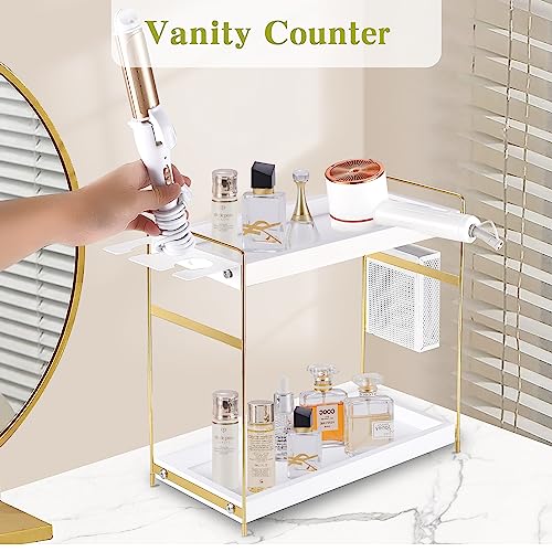 Bathroom Countertop Organizer with Hair Tool Storage Organizer, 2 Tier Bathroom Organizer Countertop with Hair Blow Dryer Holder, White Bathroom Counter Organizer with Basket for Vanity Counter