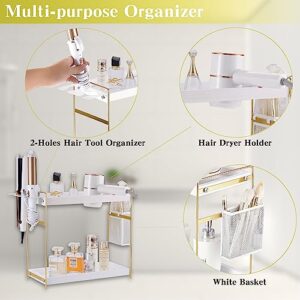 Bathroom Countertop Organizer with Hair Tool Storage Organizer, 2 Tier Bathroom Organizer Countertop with Hair Blow Dryer Holder, White Bathroom Counter Organizer with Basket for Vanity Counter