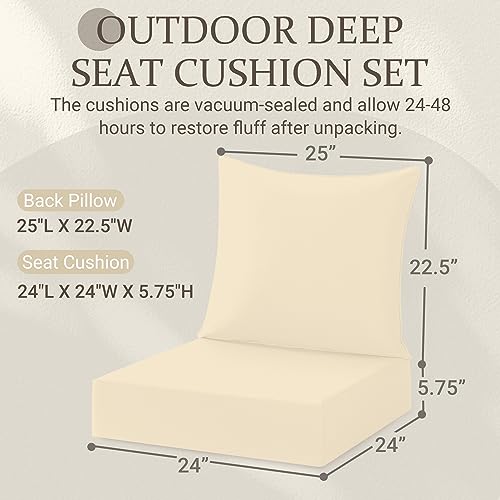 downluxe Outdoor Deep Seat Cushions Set, Waterproof Memory Foam Patio Furniture Cushions with Zipper for Outdoor Chair Sofa, 24" x 24", Beige, 2 Piece Set