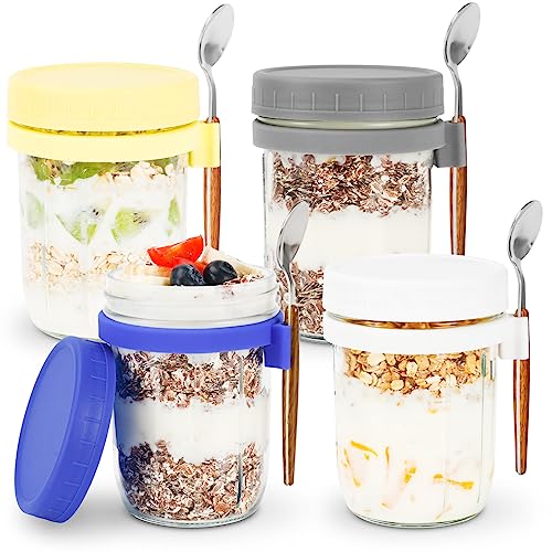 GUEQUITLEX Overnight Oats containers with lids and Spoon 12 oz Overnight Oats Jars Airtight Glass Mason Jars for Milk, Cereal, Fruit