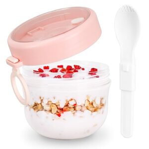 BEWAVE Overnight Oats Containers, 20oz Overnight Oats Jars with Lid and Spoon, Portable Plastic Oatmeal Mason Jar for Yogurt Cereal Milk Vegetable Fruit Salad Storage, Pink