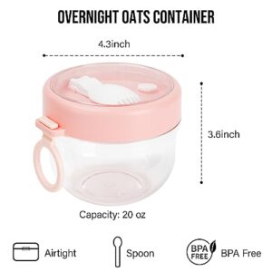 BEWAVE Overnight Oats Containers, 20oz Overnight Oats Jars with Lid and Spoon, Portable Plastic Oatmeal Mason Jar for Yogurt Cereal Milk Vegetable Fruit Salad Storage, Pink