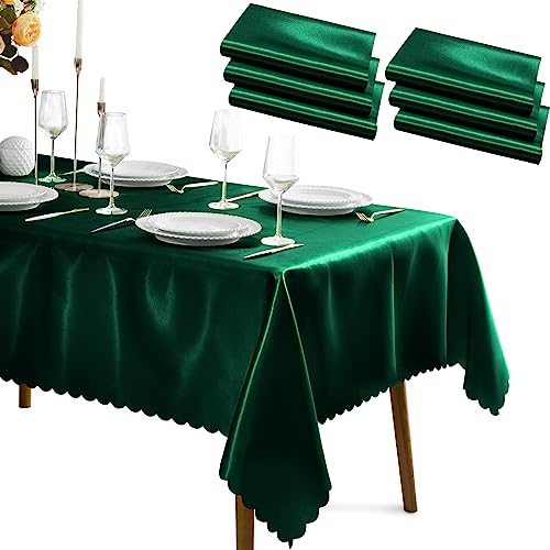 KKJIAF 6 Packs Hunter Green Satin Tablecloth 58" x 102" Rectangle Bright Silky Smooth Satin Table Cover for Wedding Party Banquet Decoration