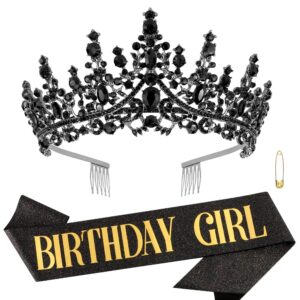 atoden birthday girl sash tiara queen crown black tiaras and crowns for women girls crystal princess tiara rhinestone headbands quinceanera crown headpieces happy birthday decorations accessories for wedding bride bridal cosplay prom halloween party suppl