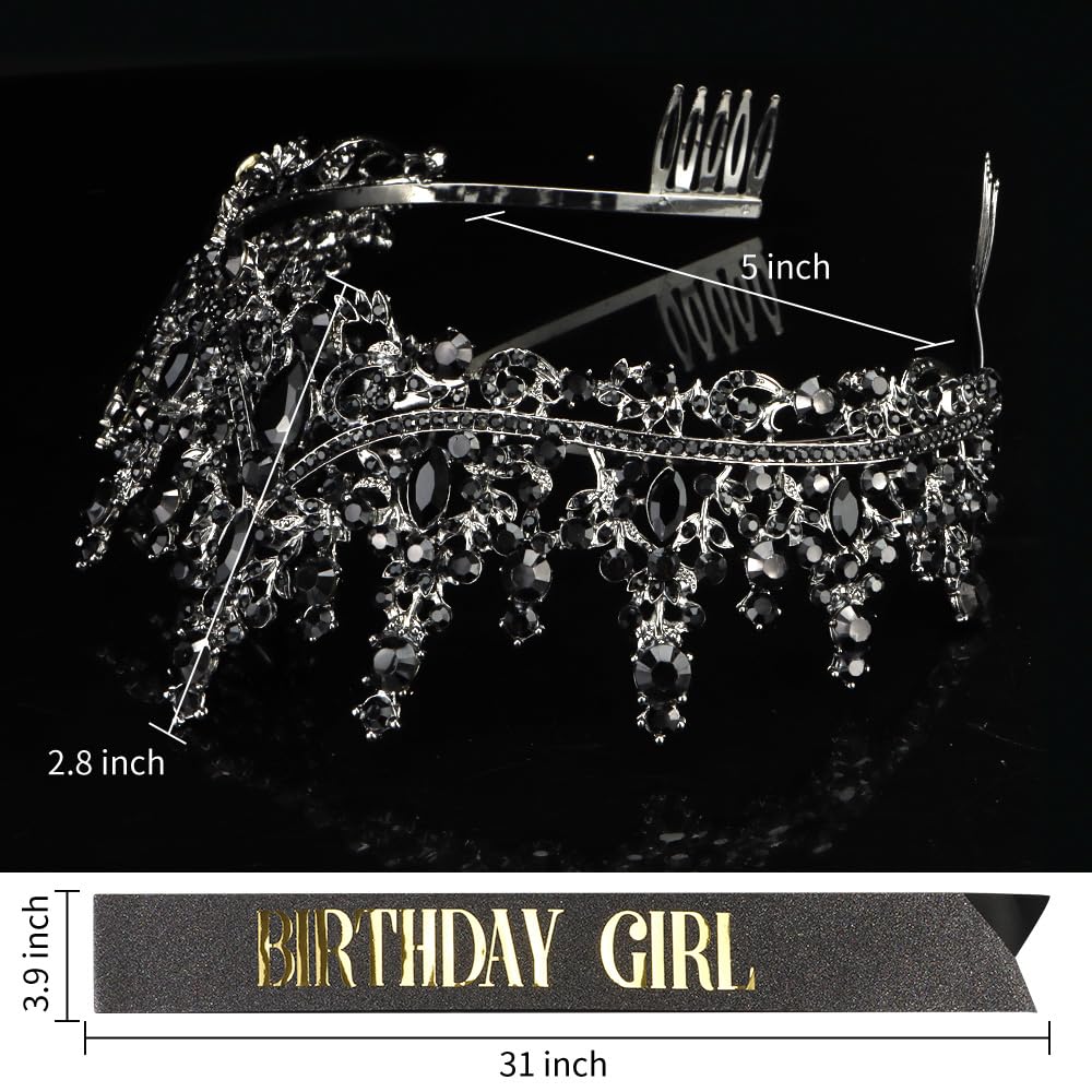 ATODEN Birthday Girl Sash Tiara Queen Crown Black Tiaras and Crowns for Women Girls Crystal Princess Tiara Rhinestone Headbands Quinceanera Crown Headpieces Happy Birthday Decorations Accessories for Wedding Bride Bridal Cosplay Prom Halloween Party Suppl