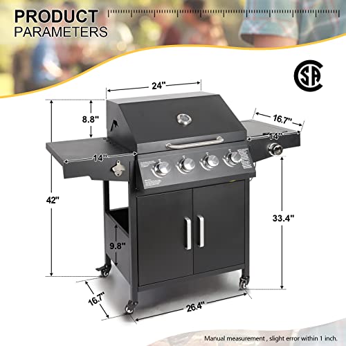 Propane Gas Grill 4 Burners with Side Burner Freestanding Grill Cart with Wheels for Outdoor Garden Cooking Barbecue Grill, Black