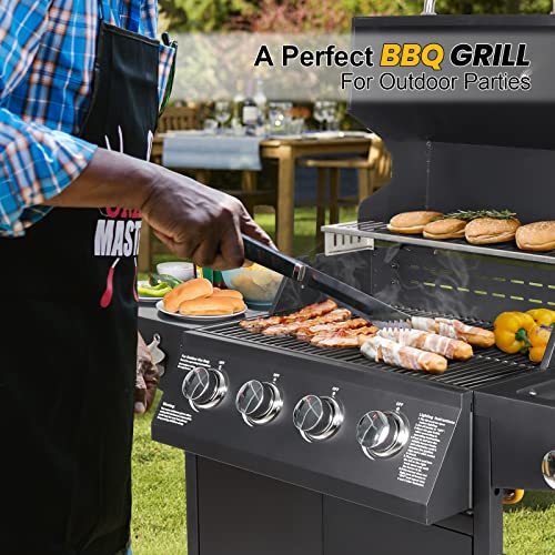 Propane Gas Grill 4 Burners with Side Burner Freestanding Grill Cart with Wheels for Outdoor Garden Cooking Barbecue Grill, Black