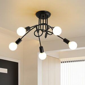 delipop modern sputnik chandelier ceiling light, 5-light industrial metal black light fixture, e26 mid century semi flush mount ceiling light for bedroom, dining room, living room, kitchen, hallway