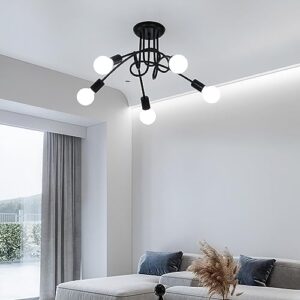 DELIPOP Modern Sputnik Chandelier Ceiling Light, 5-Light Industrial Metal Black Light Fixture, E26 Mid Century Semi Flush Mount Ceiling Light for Bedroom, Dining Room, Living Room, Kitchen, Hallway