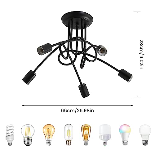 DELIPOP Modern Sputnik Chandelier Ceiling Light, 5-Light Industrial Metal Black Light Fixture, E26 Mid Century Semi Flush Mount Ceiling Light for Bedroom, Dining Room, Living Room, Kitchen, Hallway