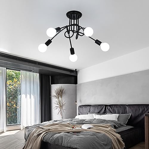 DELIPOP Modern Sputnik Chandelier Ceiling Light, 5-Light Industrial Metal Black Light Fixture, E26 Mid Century Semi Flush Mount Ceiling Light for Bedroom, Dining Room, Living Room, Kitchen, Hallway