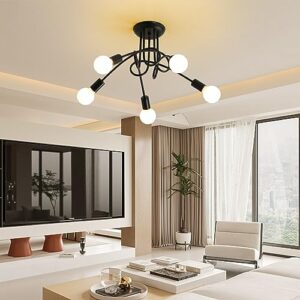 DELIPOP Modern Sputnik Chandelier Ceiling Light, 5-Light Industrial Metal Black Light Fixture, E26 Mid Century Semi Flush Mount Ceiling Light for Bedroom, Dining Room, Living Room, Kitchen, Hallway