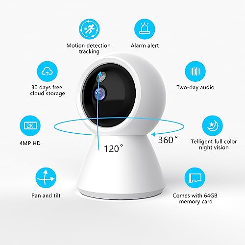 4MP Indoor Security Camera Pet with Phone App 2K 5GHz & 2.4GHz 360°Wireless WiFi Cameras for Baby/Elder/Dog/Pet Motion Detection Audible Alarm Easy Installation Compatible Alexa 1Pcs 64GB SD