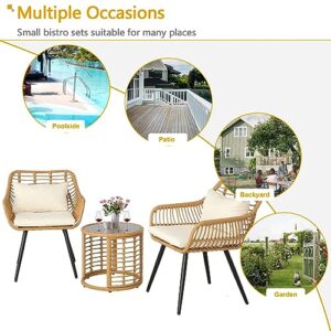 HTTH Outdoor Furniture Bistro Set Patio Conversation Bistro Set Outdoor Woven Rope Table Set Tan Wicker Chat Set with Cushions Patio Furniture Sets for Balcony Garde (S-Beige)