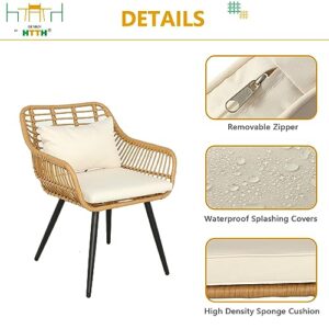 HTTH Outdoor Furniture Bistro Set Patio Conversation Bistro Set Outdoor Woven Rope Table Set Tan Wicker Chat Set with Cushions Patio Furniture Sets for Balcony Garde (S-Beige)