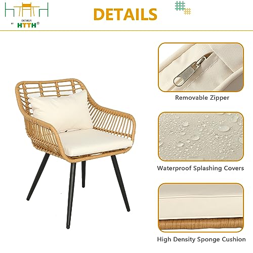 HTTH Outdoor Furniture Bistro Set Patio Conversation Bistro Set Outdoor Woven Rope Table Set Tan Wicker Chat Set with Cushions Patio Furniture Sets for Balcony Garde (S-Beige)