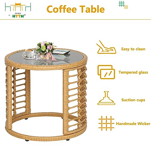 HTTH Outdoor Furniture Bistro Set Patio Conversation Bistro Set Outdoor Woven Rope Table Set Tan Wicker Chat Set with Cushions Patio Furniture Sets for Balcony Garde (S-Beige)