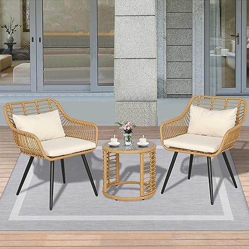 HTTH Outdoor Furniture Bistro Set Patio Conversation Bistro Set Outdoor Woven Rope Table Set Tan Wicker Chat Set with Cushions Patio Furniture Sets for Balcony Garde (S-Beige)