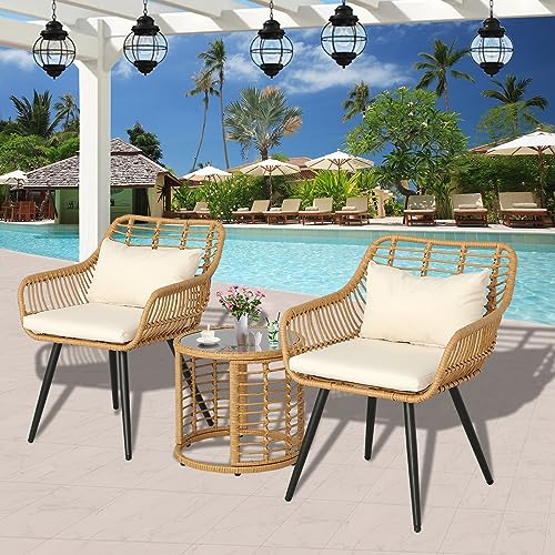 HTTH Outdoor Furniture Bistro Set Patio Conversation Bistro Set Outdoor Woven Rope Table Set Tan Wicker Chat Set with Cushions Patio Furniture Sets for Balcony Garde (S-Beige)