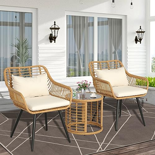 HTTH Outdoor Furniture Bistro Set Patio Conversation Bistro Set Outdoor Woven Rope Table Set Tan Wicker Chat Set with Cushions Patio Furniture Sets for Balcony Garde (S-Beige)