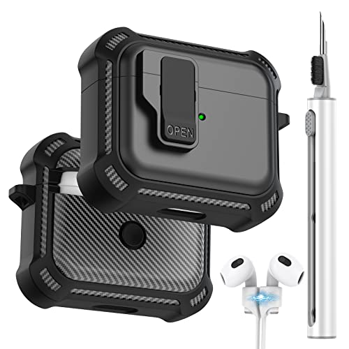 Polislime AirPods 3rd Generation Case with Cleaner kit & Magnetic Anti-Lost Straps,Secure Lock Clip with Carbon Fiber Protection Design Case Shell for Apple Airpod 3 Generation Case -【5 in 1】 Black