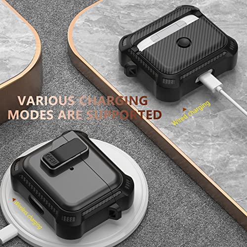 Polislime AirPods 3rd Generation Case with Cleaner kit & Magnetic Anti-Lost Straps,Secure Lock Clip with Carbon Fiber Protection Design Case Shell for Apple Airpod 3 Generation Case -【5 in 1】 Black