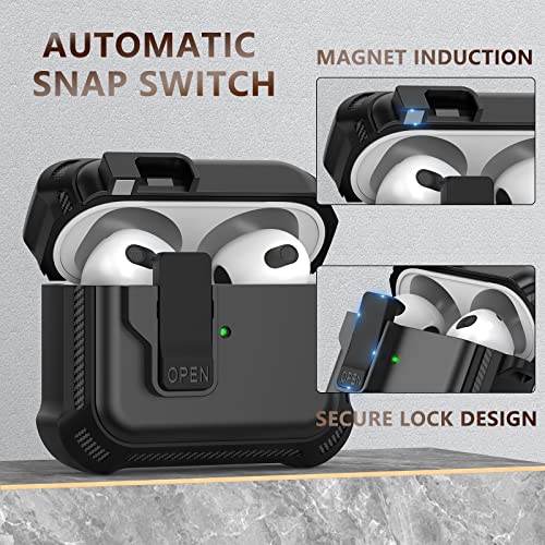 Polislime AirPods 3rd Generation Case with Cleaner kit & Magnetic Anti-Lost Straps,Secure Lock Clip with Carbon Fiber Protection Design Case Shell for Apple Airpod 3 Generation Case -【5 in 1】 Black