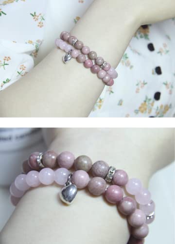 Healing Bracelets for Women - Rose Quartz & Rhodonite Bracelet - Healing Prayers Crystal Bracelet, 8mm Natural Stone Anti Anxiety Stress Relief Yoga Beads Get Well Soon Gifts