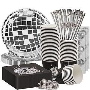 70s disco party supplies includes 50 pcs silver disco ball paper dinner plates 50 pcs disco party cocktail napkins 50 pcs disco paper cups 50 pcs straws set for disco wedding birthday party picnic