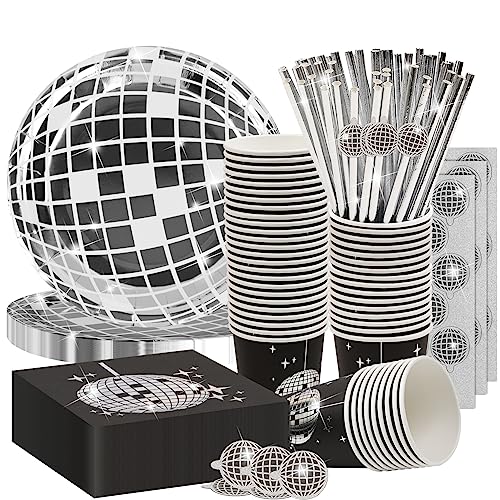 70s Disco Party Supplies Includes 50 Pcs Silver Disco Ball Paper Dinner Plates 50 Pcs Disco Party Cocktail Napkins 50 Pcs Disco Paper Cups 50 Pcs Straws Set for Disco Wedding Birthday Party Picnic