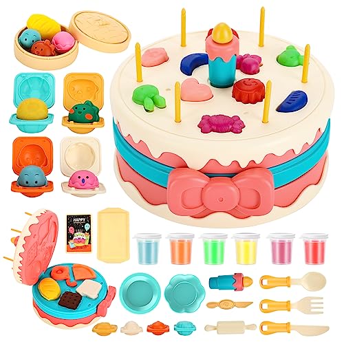 Color Dough Toys,Dough Accessories Set Kitchen Creations Kit Birthday Cake Playset Dough Tools with Molds,Plates,Steamer,Pretend Birthday Party for Boys Girls Kids Ages 2-8 Holiday Gift,23 Pieces